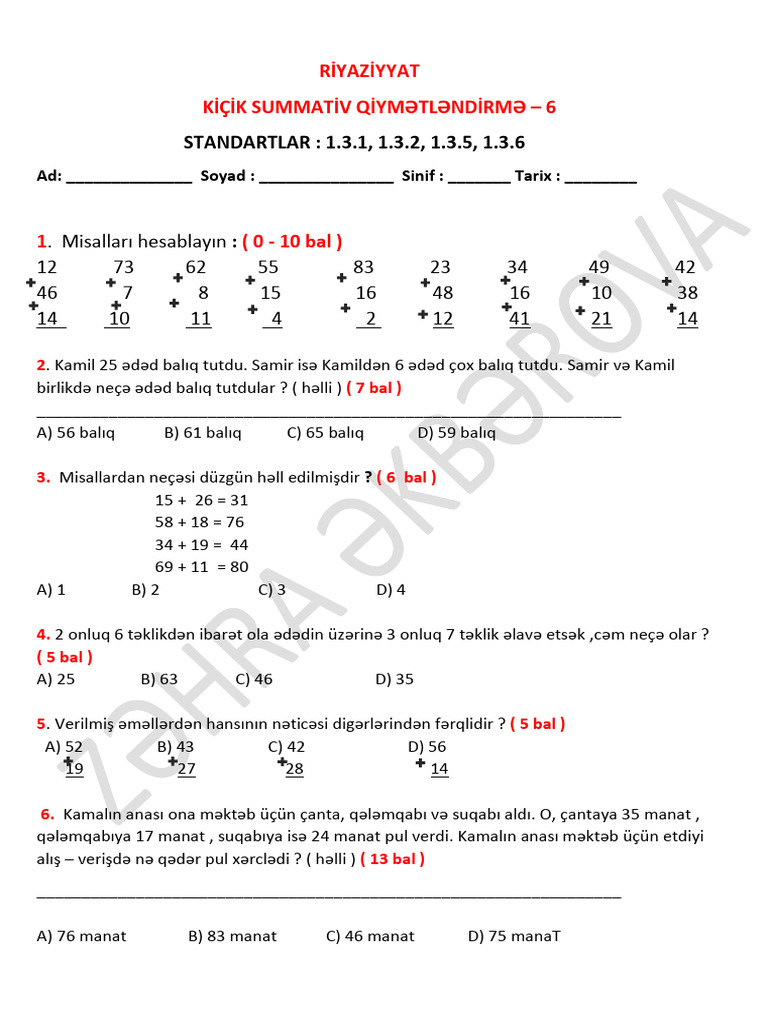 Riyaziyyat KSQ 6 | PDF