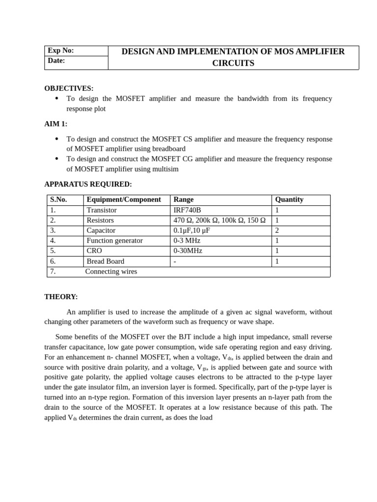 MOSFET Amplifier Design and Analysis | PDF | Amplifier | Mosfet