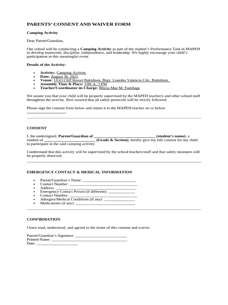 Camping Activity Consent Form | PDF