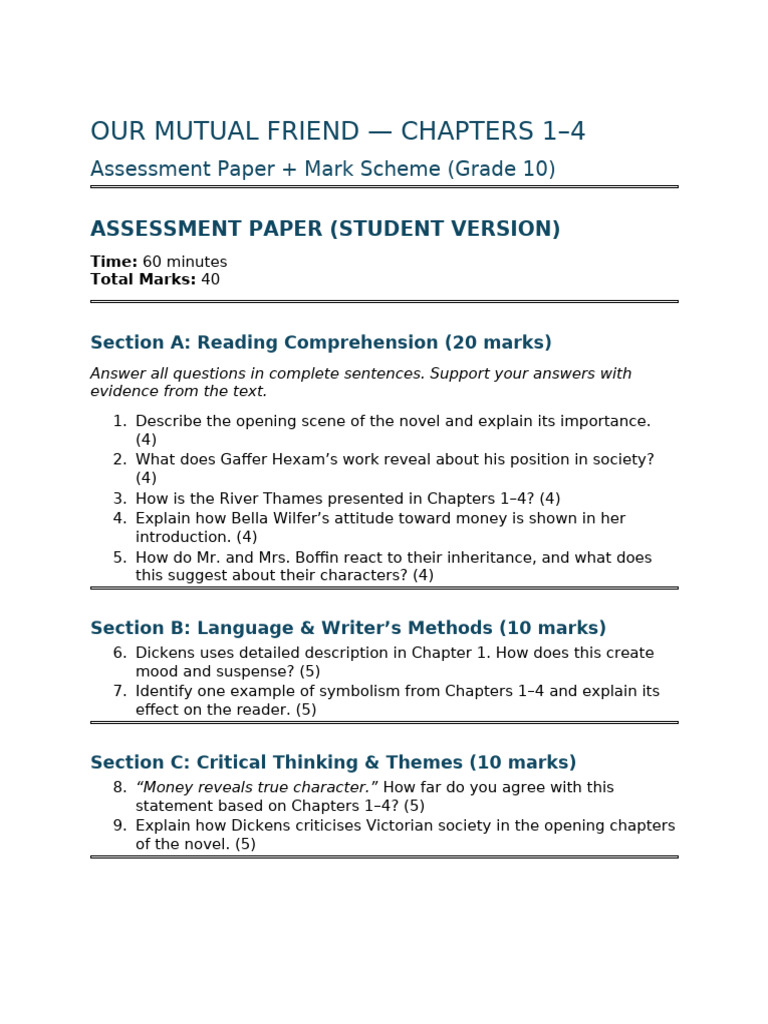Our Mutual Friend Ch1 4 Assessment And Rubric | PDF | Our Mutual Friend