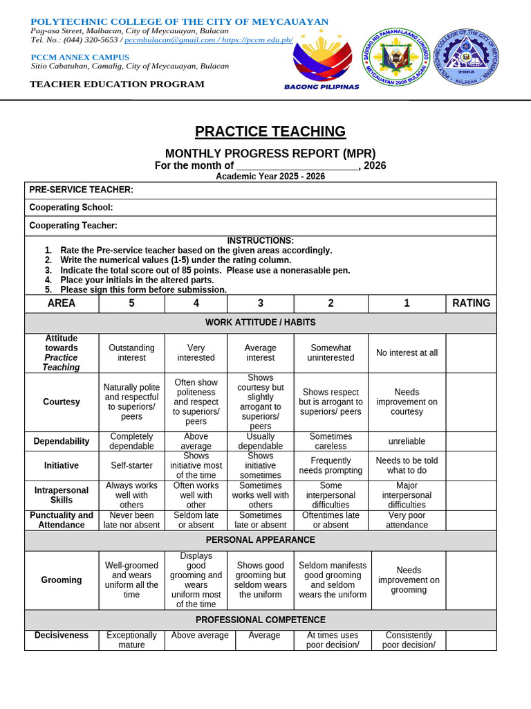 Monthly Progress Report for Pre-Service Teachers | PDF | Educational ...