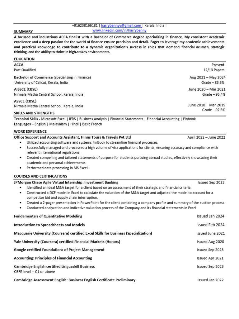 Harry Benny Varghese Bcom Graduate & ACCA Finalist 2024 | PDF ...