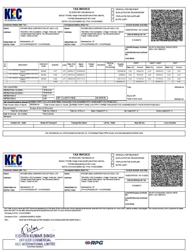 Cable Supply TAX Invoice IN2527007030 | PDF | Public Finance | Taxation