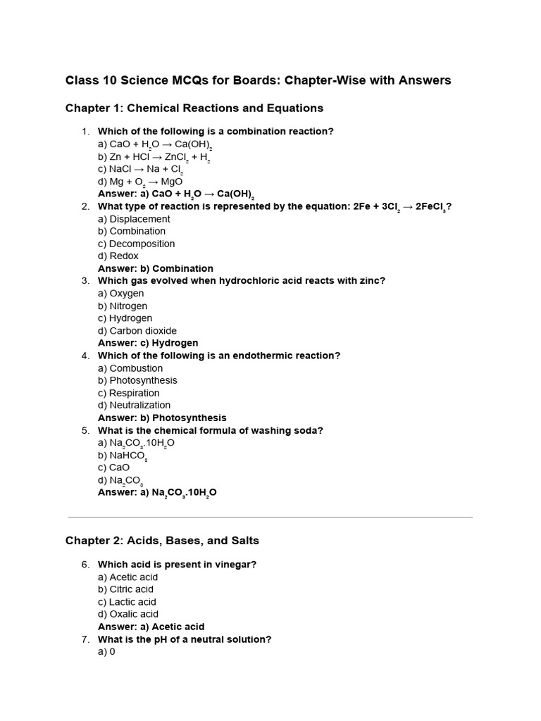 Class 10 Science MCQs with Answers | PDF | Acid | Materials