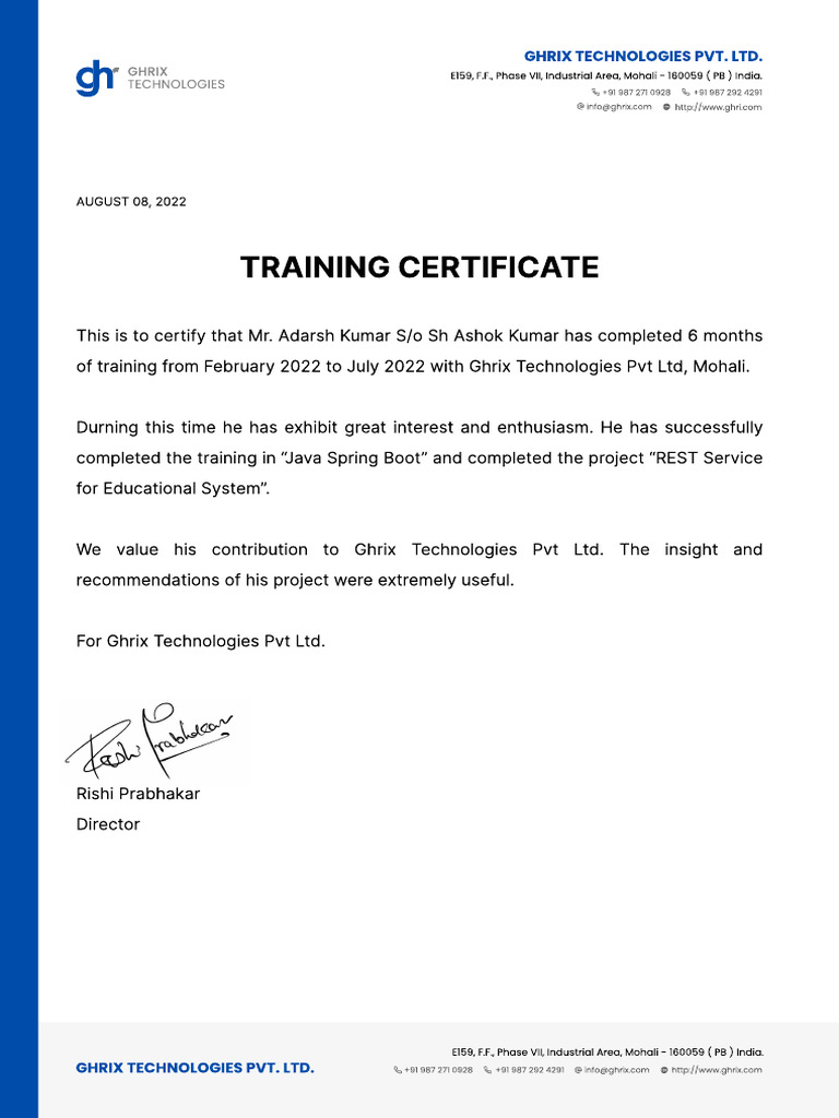 GHRIX Technologies Training Certificate | PDF