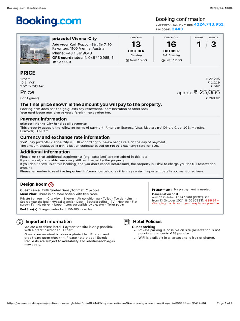 Booking Confirmation for Prizeotel Vienna | PDF | Payments | Exchange Rate