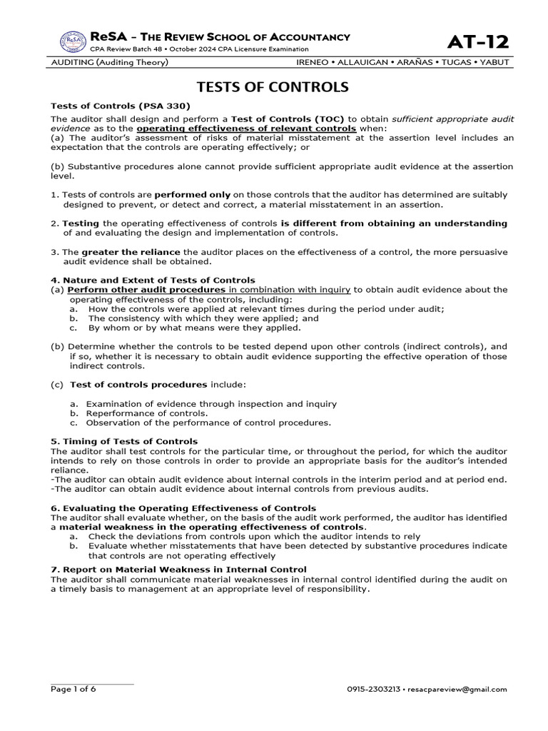 Tests of Controls in Auditing Explained | PDF | Audit | Internal Control