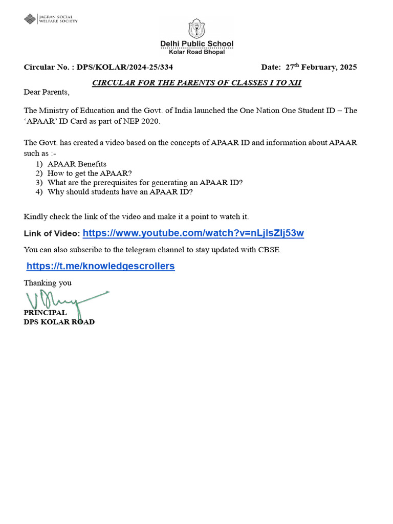 Circular 20250227164406 Circular-Apaar Id - I to Xii | PDF