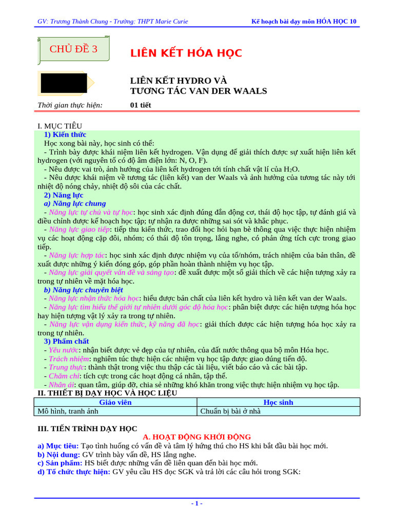2223 H10 KHBDCD C3 Bai 12 Lien Ket Hydro Va Tuong Tac Van Der Waals | PDF
