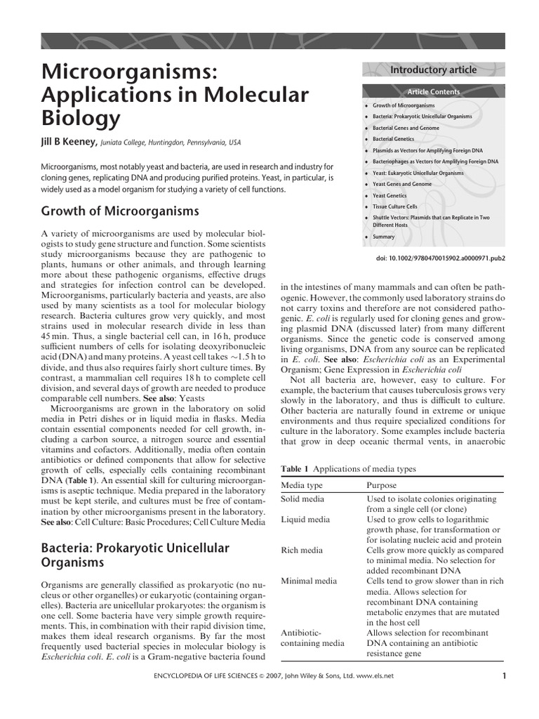 eLS - 2007 - Keeney - Microorganisms Applications in Molecular Biology ...