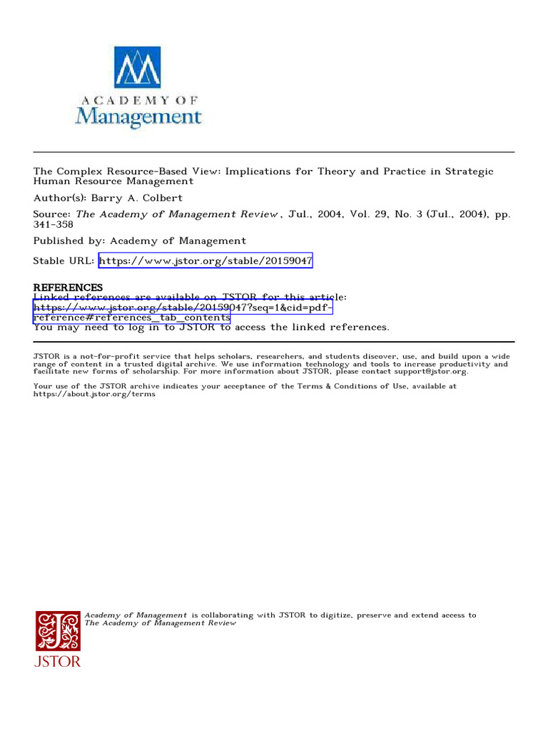 Colbert ComplexResourceBasedView 2004 | PDF | Human Resource Management ...