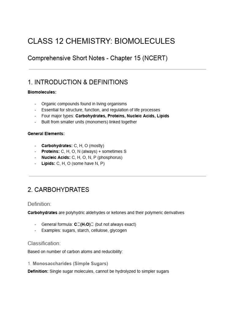 Class 12 Chemistry Biomolecules Notes | PDF | Carbohydrates | Nucleotides