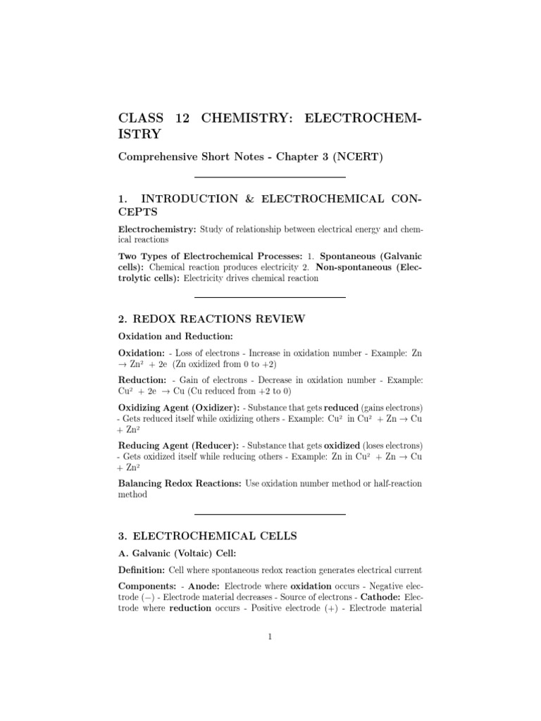 Class 12 Electrochemistry Notes | PDF | Electrochemistry | Redox