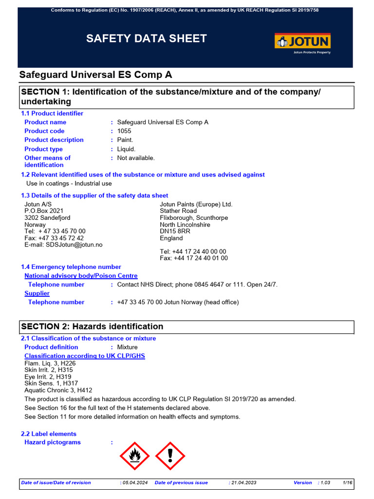 Safeguard Universal ES Comp A Safety Data | PDF | Chemistry