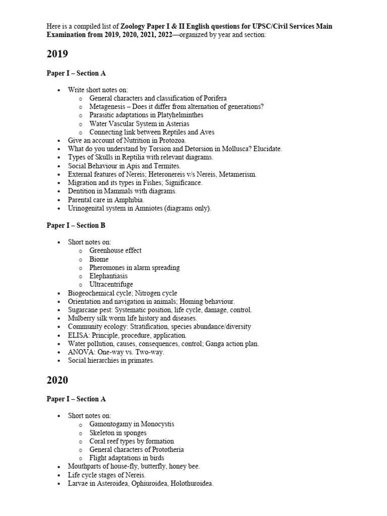 Compiled List of Zoology Paper I | PDF | Zoology | Biology