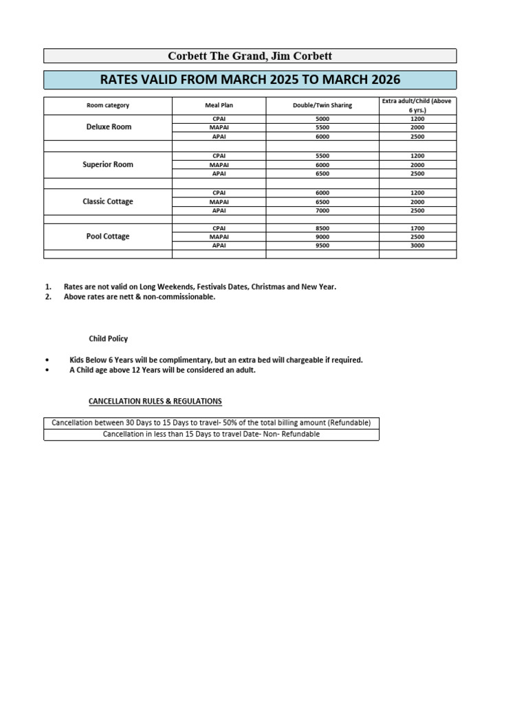 Corbett The Grand, Jim Corbett B2B Rate Sheet 2025-26 | PDF