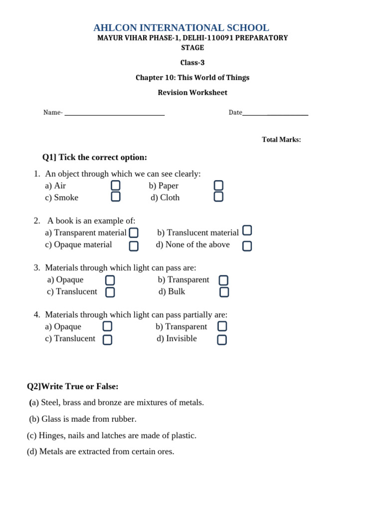 Class 3 Revision: Materials Worksheet | PDF | Materials Science ...