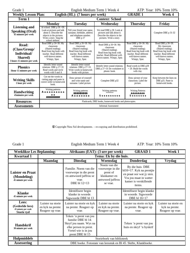 Grade 1 Weekly Lesson Plan: Term 1 | PDF | Teaching | Pedagogy