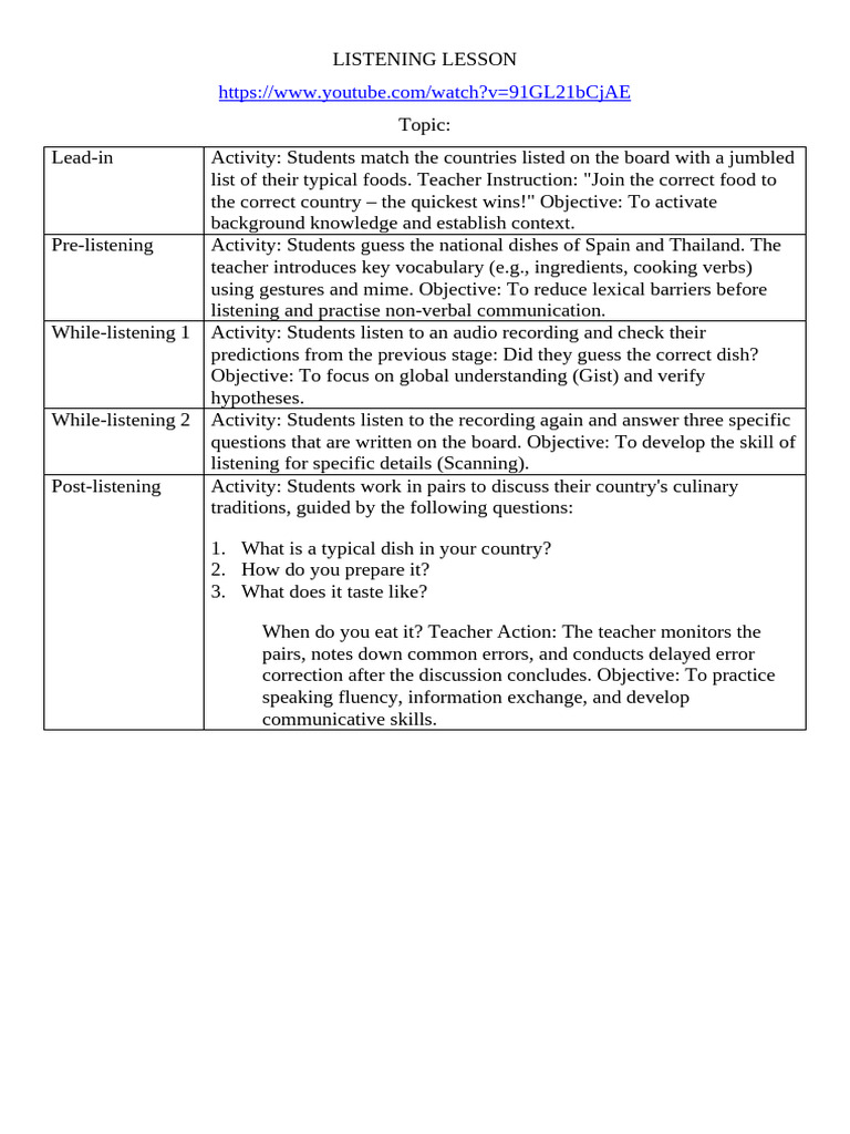 Engaging Listening Lesson Plan on Foods | PDF