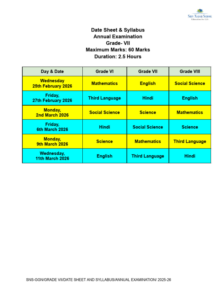 Grade VII CBSE_Annual Examination Date Sheet and Syllabus 2025-26.Docx ...