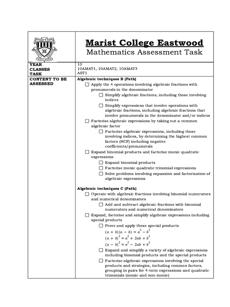Year 10 Algebra Assessment Task | PDF | Equations | Factorization