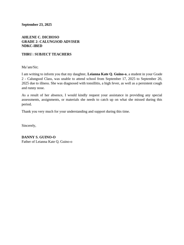 Grade 2 Absence Notification Letter | PDF