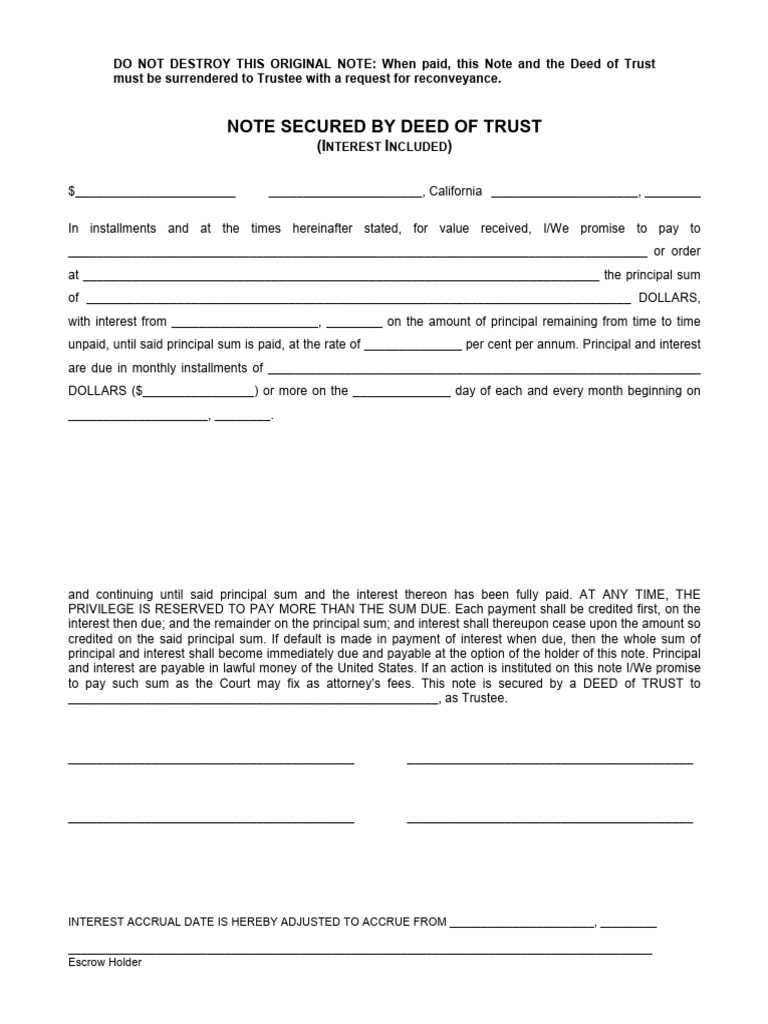 Sample Note Secured by Deed of Trust | PDF
