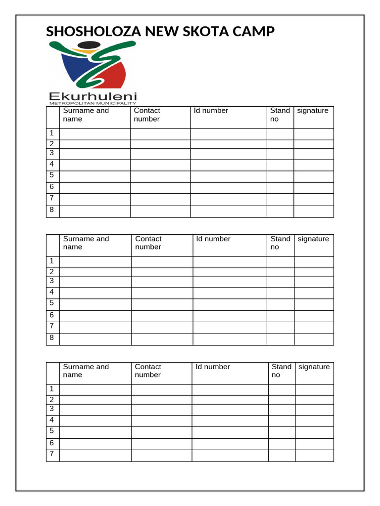 Shosholoza New Skota Camp Registration | PDF