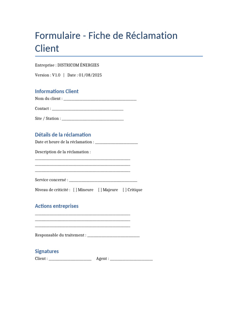 Formulaire de Réclamation Client | PDF