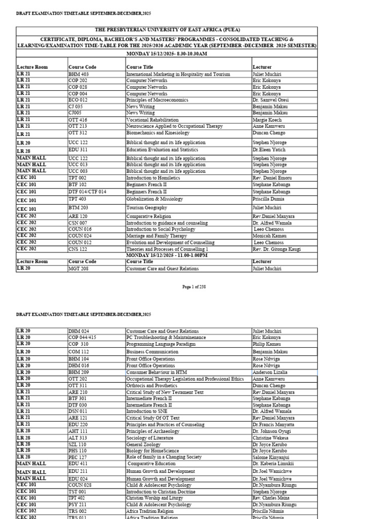 PUEA 2025 Exam Timetable: Sept-Dec | PDF