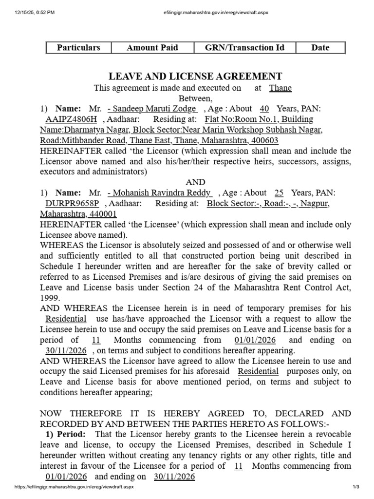 Leave and License Agreement Template | PDF | License | Landlord