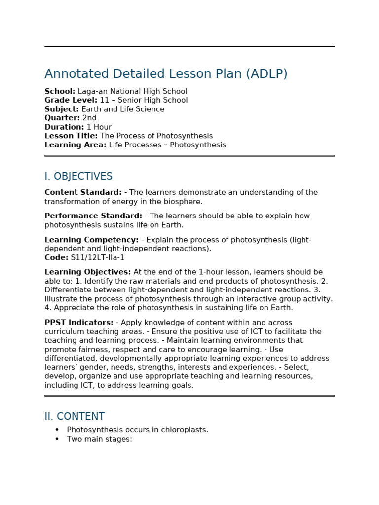 Photosynthesis Lesson Plan for Grade 11 | PDF | Photosynthesis | Biology
