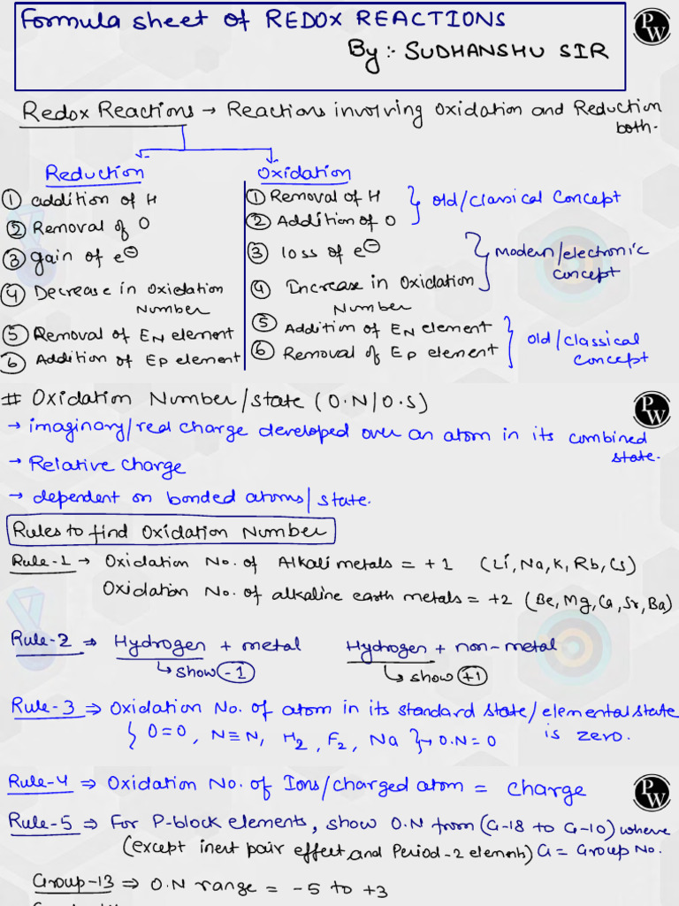 Redox Reactions Formula Sheet | PDF | Redox | Chemical Reactions