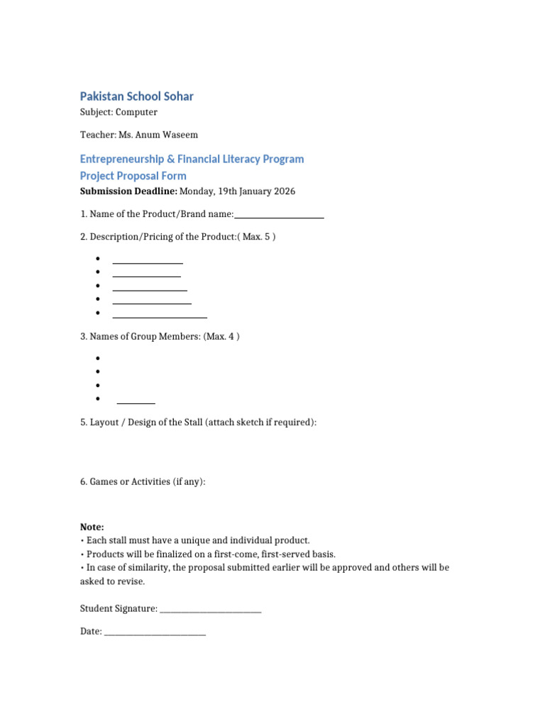 Entrepreneurship Project Proposal Form | PDF