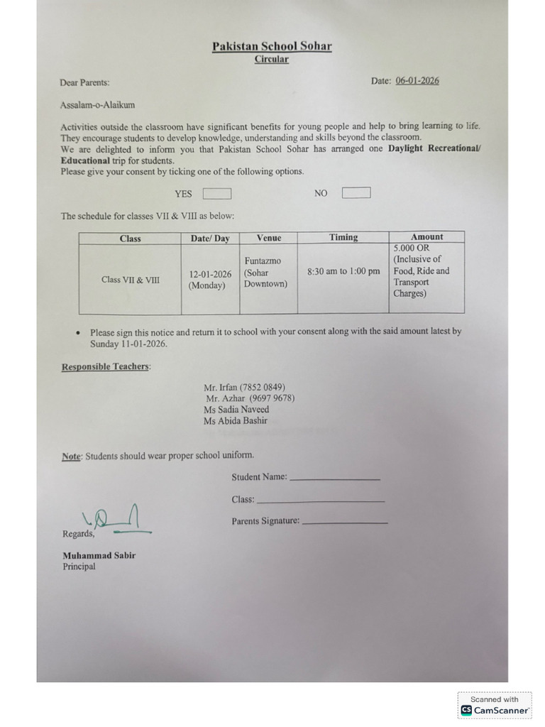 Trip Circular 2026 Grade 7 & 8 | PDF