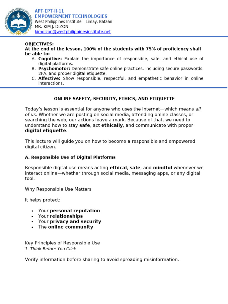 Lesson 3 - Online Safety, Security, Ethics, And Etiquette | PDF | Security | Computer Security