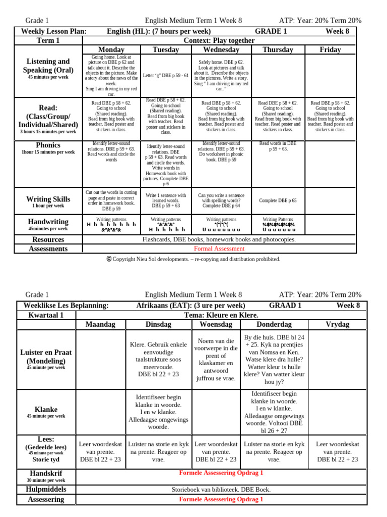 Grade 1 Weekly Lesson Plan - Term 1, Week 8 | PDF