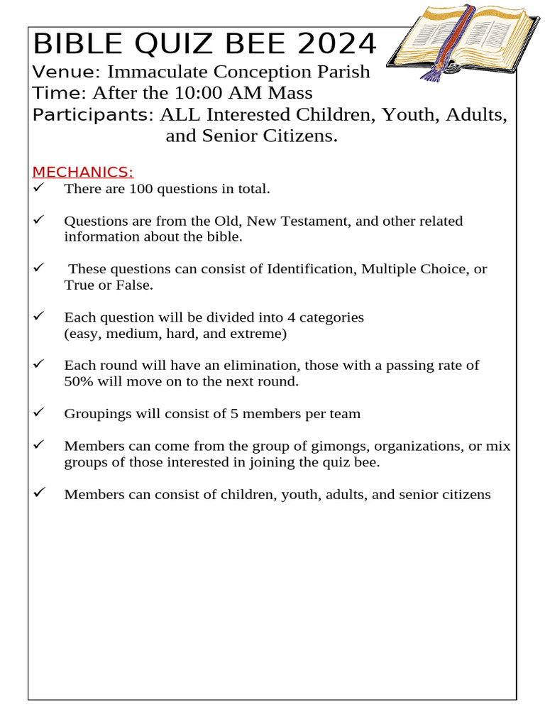 Bible Quiz Bee 2024 Details | PDF | Book Of Genesis | Jesus