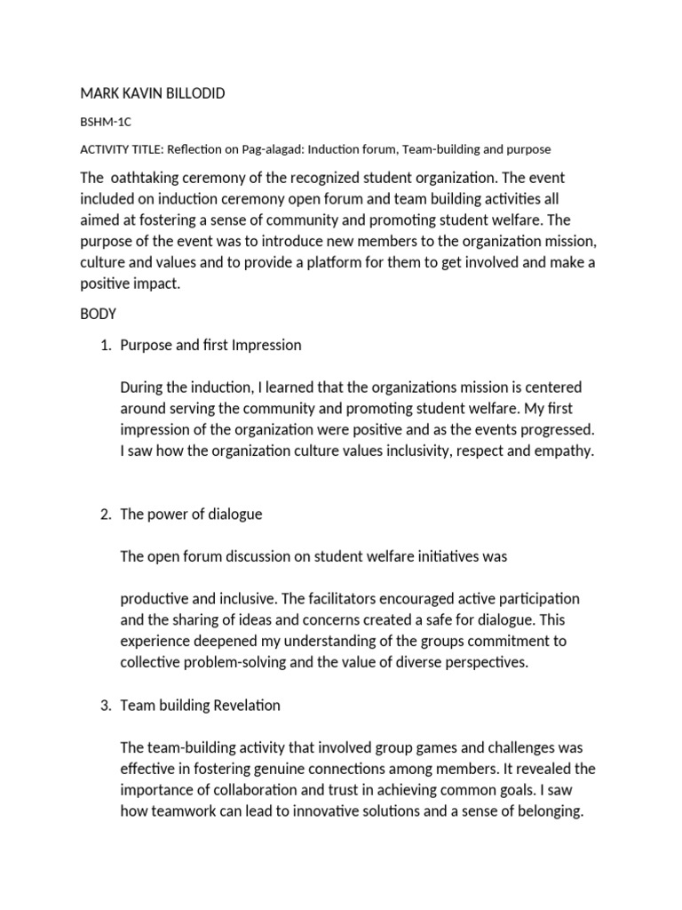 Reflection on Induction and Team Building | PDF | Team Building ...