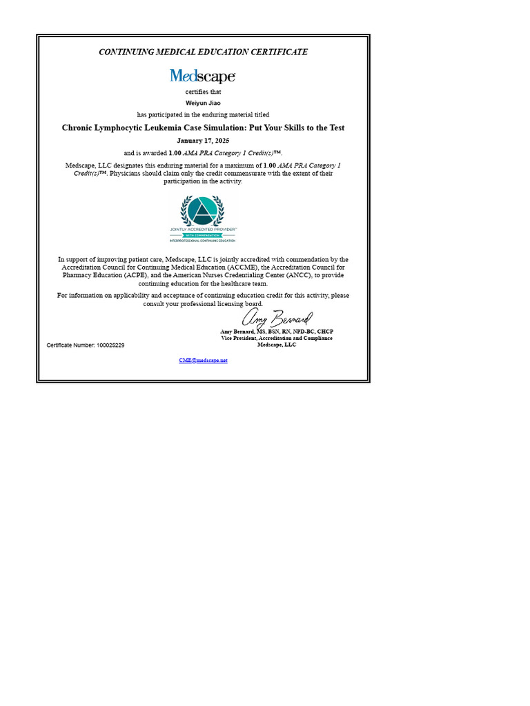 CME Certificate for 'Chronic Lymphocytic Leukemia Case Simulation_ Put ...