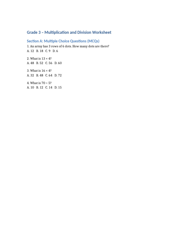 Grade 3 Multiplication and Division Worksheet Only | PDF