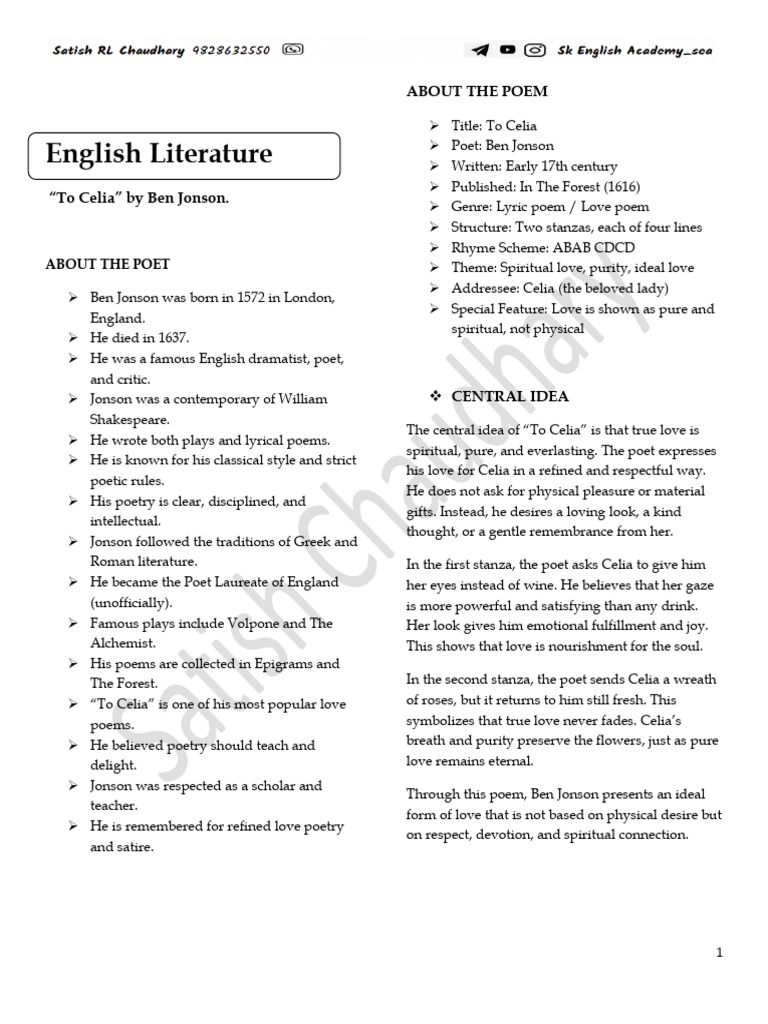 Ben Jonson's "To Celia": A Love Poem Analysis | PDF | Poetry | Ben Jonson
