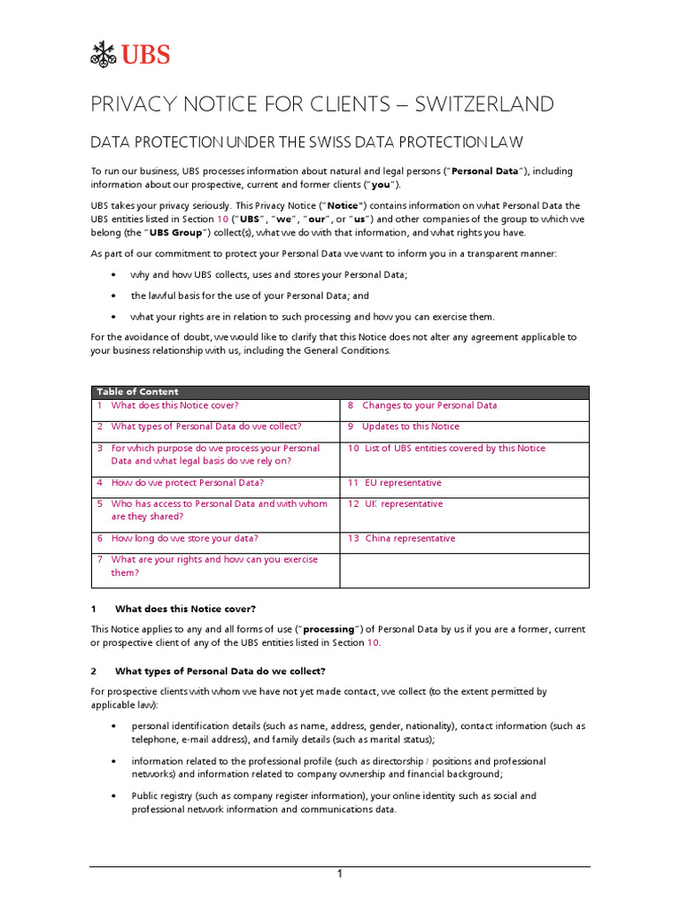 client-privacy-notice-en-switzerland | PDF | Ubs | Regulatory Compliance