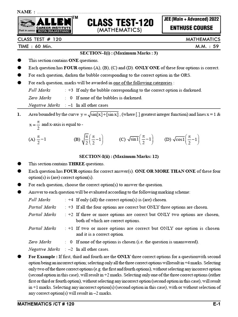 Mathematics Class Test #120 Overview | PDF | Numbers | Function ...