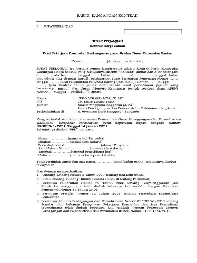 Kontrak Konstruksi Pasar Bantan Timur | PDF