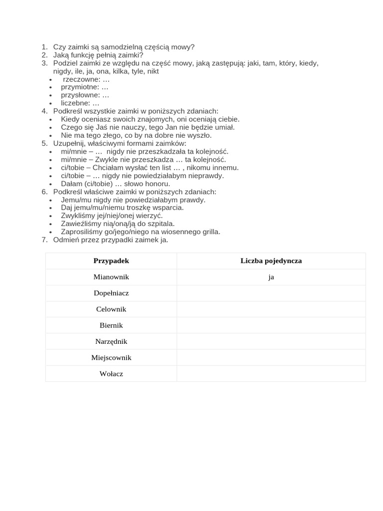 Zaimek Karta Pracy | PDF