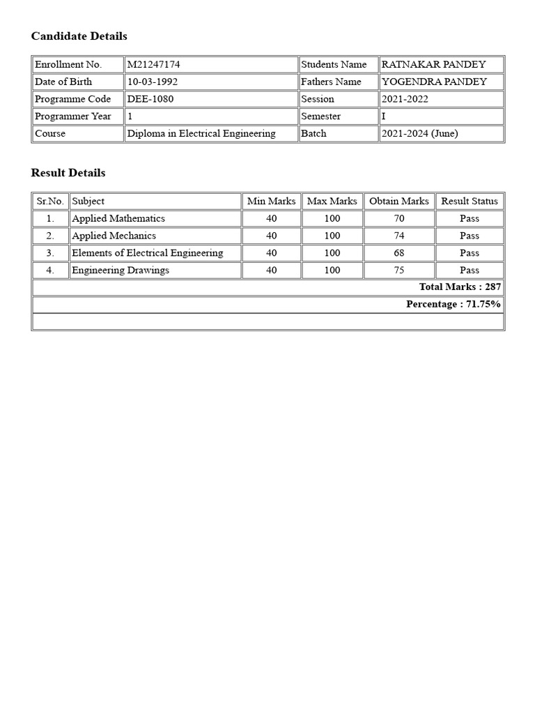 1st Semester Marksheet | PDF