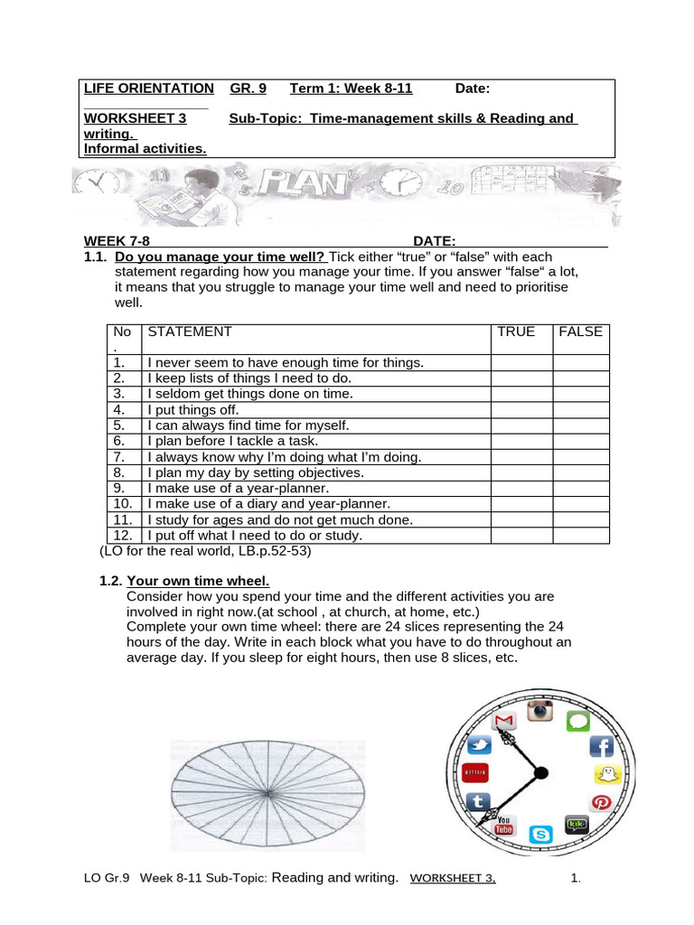 Gr. 9, Term 1, Week 8-11 Time-management Skille _ Reading and Writing | PDF