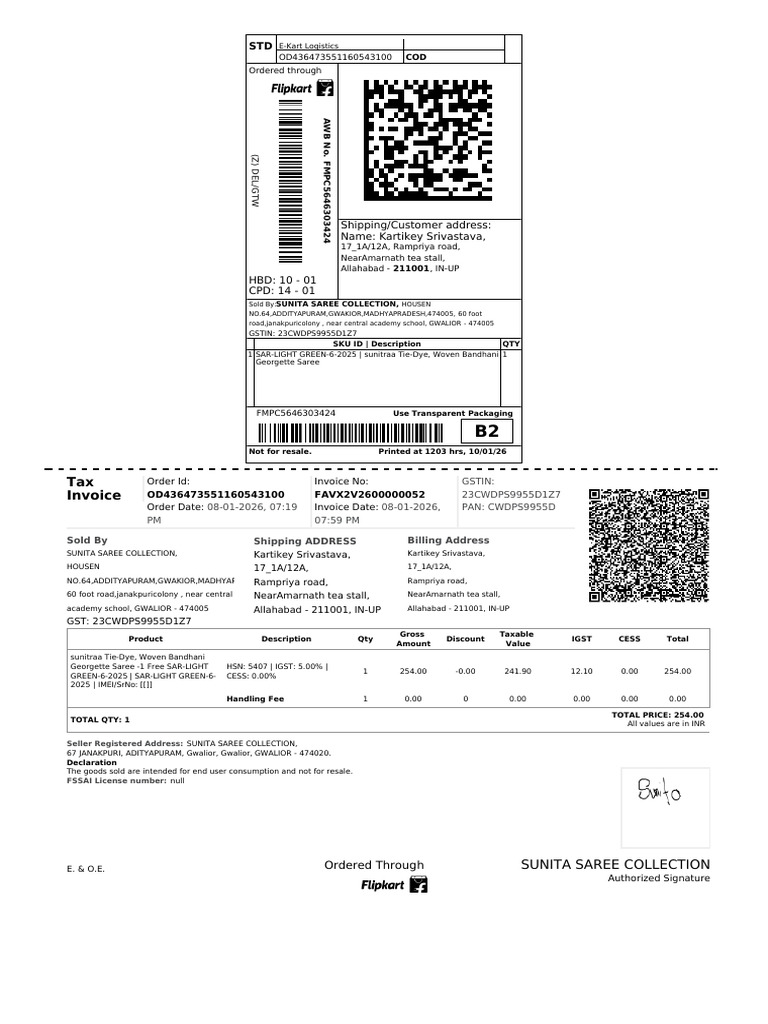 Invoice for Sunita Saree Collection | PDF | Sales | Taxation