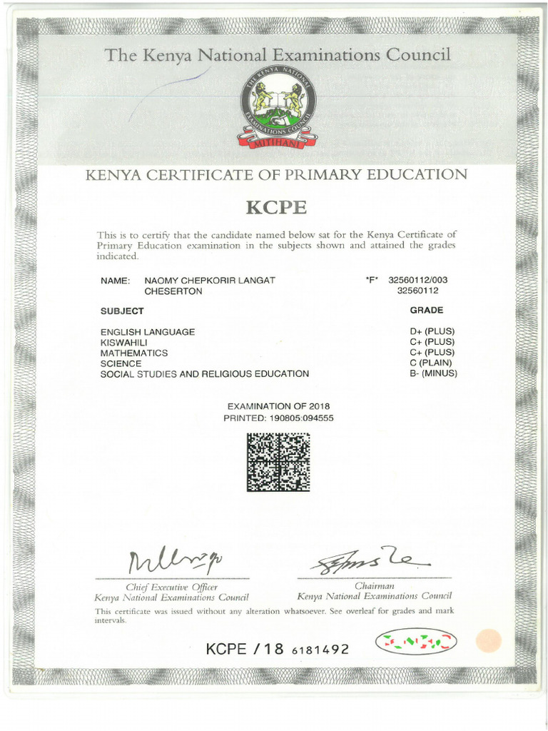 KCPE Certificate Naomy Langat | PDF
